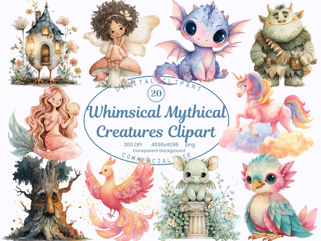 Mythical Creatures Clipart Collection, Whimsical Watercolor Fantasy 20 ...