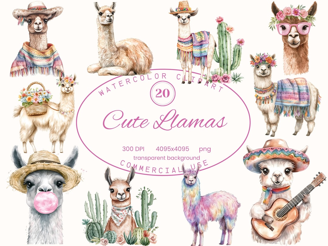 Cute Llamas Clipart Collection, 20 PNG Adorable Animal Illustrations ...