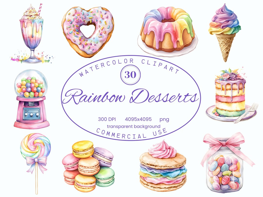 Pastel Rainbow Desserts Clip Art Collection, Sweet Treats 30 PNG ...