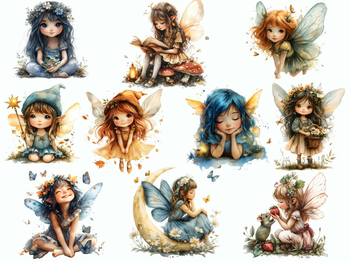 Fairy Clip Art Collection, Cute Magical Forest Fairy Watercolor 20 PNG ...