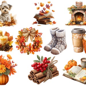 Cozy Autumn Clipart Collection, Watercolor Pumpkins, Books, Candles ...