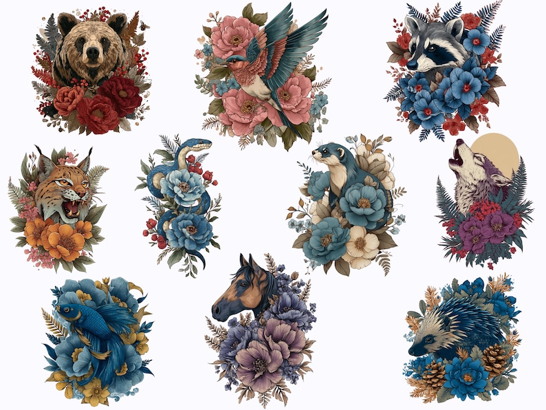 Wildlife Clipart Collection, Neo-traditional Tattoo Style Animals ...
