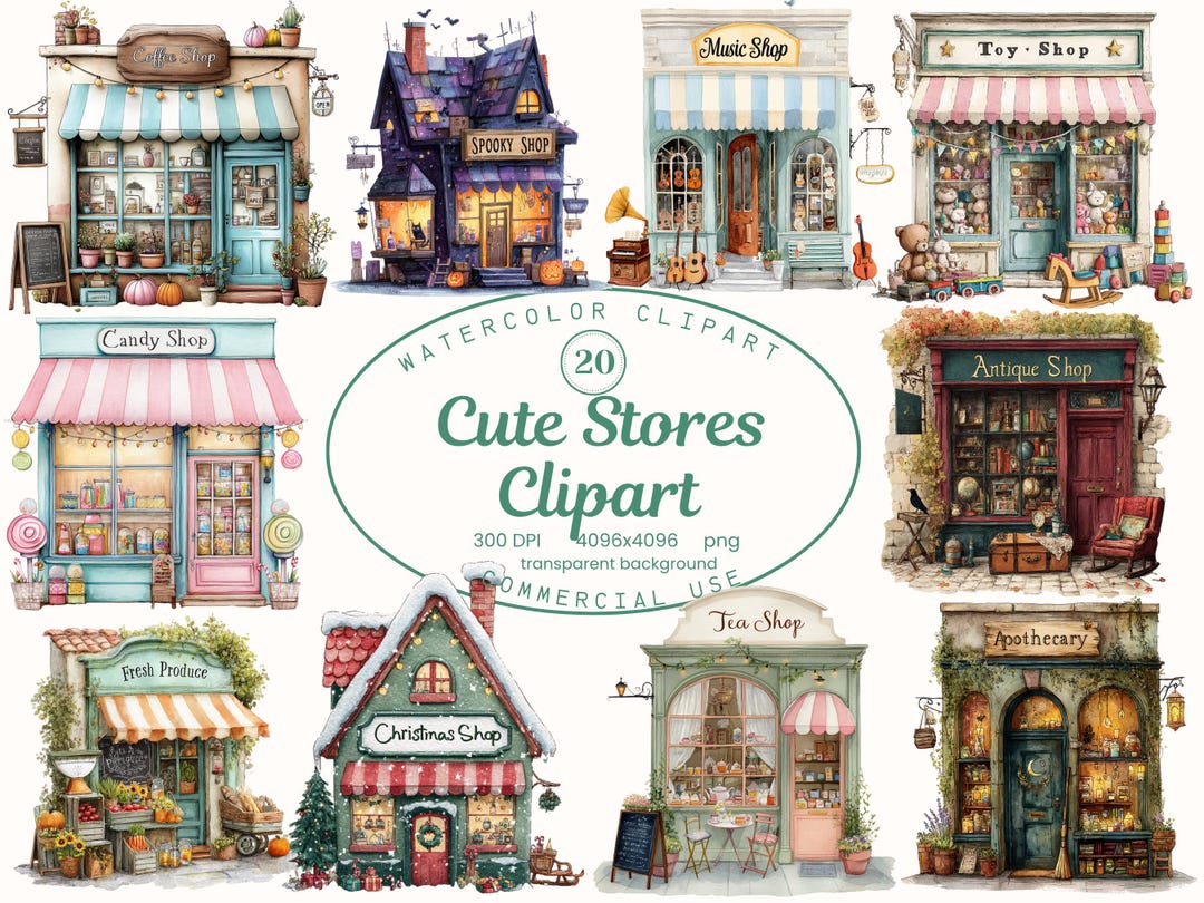 Cute Shop Clipart Collection, Whimsical Watercolor 20 PNG Illustrations ...
