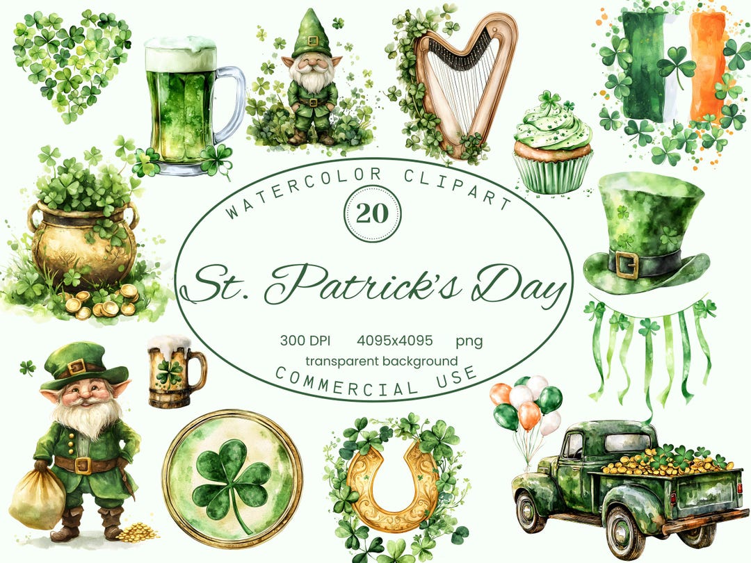 St. Patrick's Day Clip Art Collection, Watercolor 20 PNG Illustrations ...