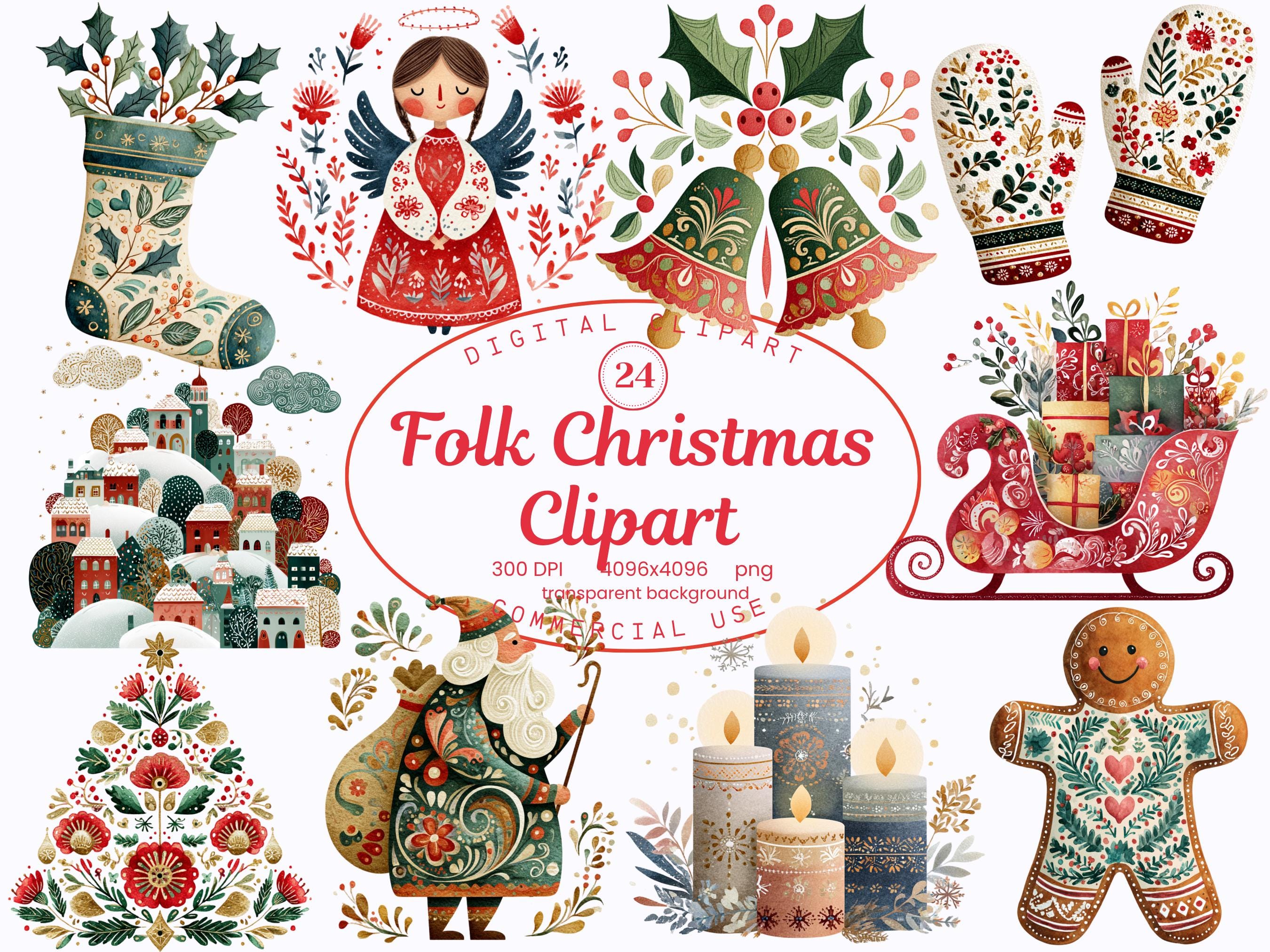 Folk Christmas Clipart Collection, Whimsical Nordic Inspired Holiday ...