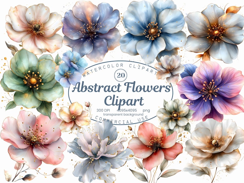Abstract Flowers Clipart Collection, Whimsical Watercolor Floral 20 PNG ...