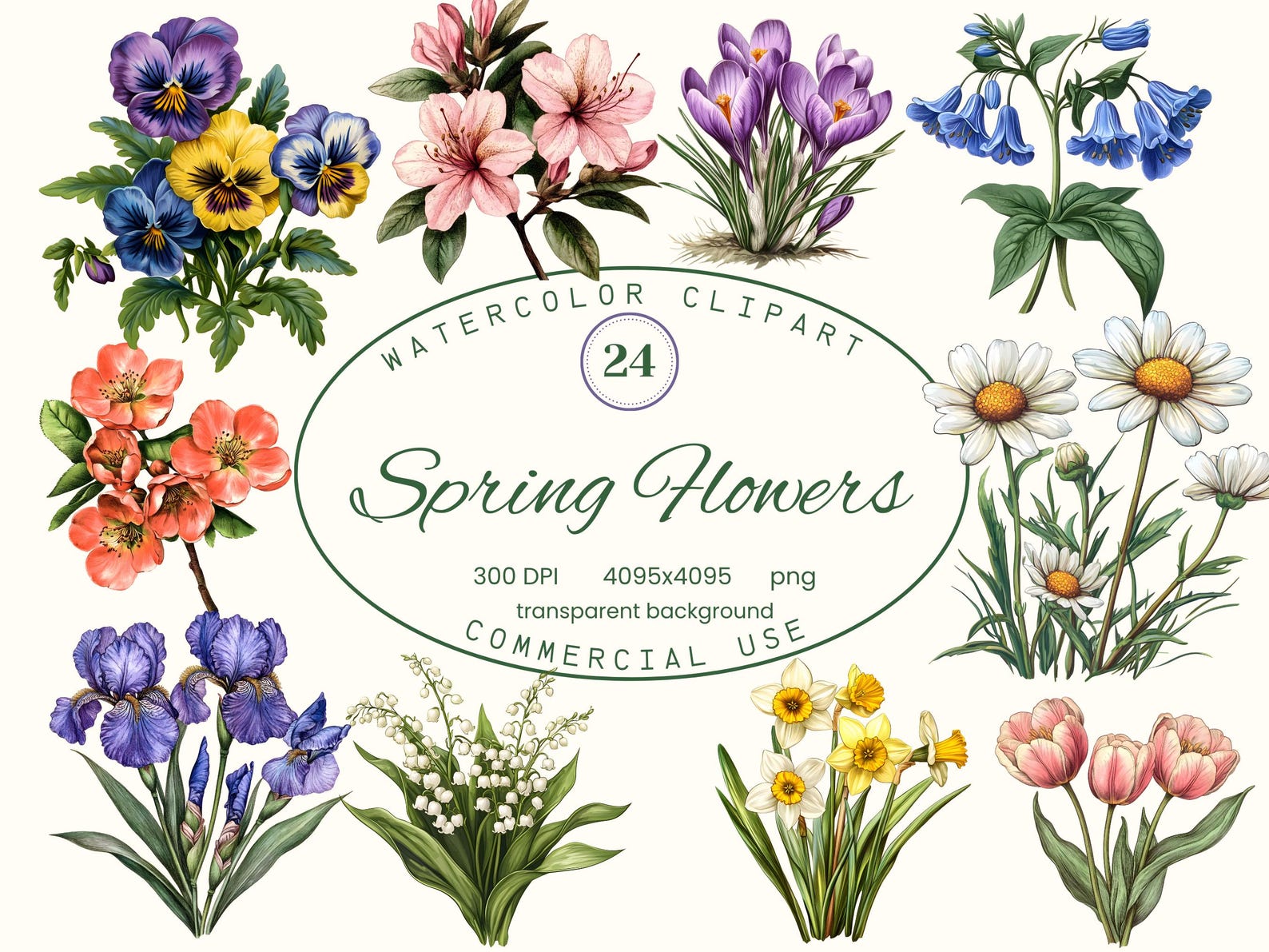 Spring Flowers Clip Art Collection, Retro Botanical 24 PNG ...