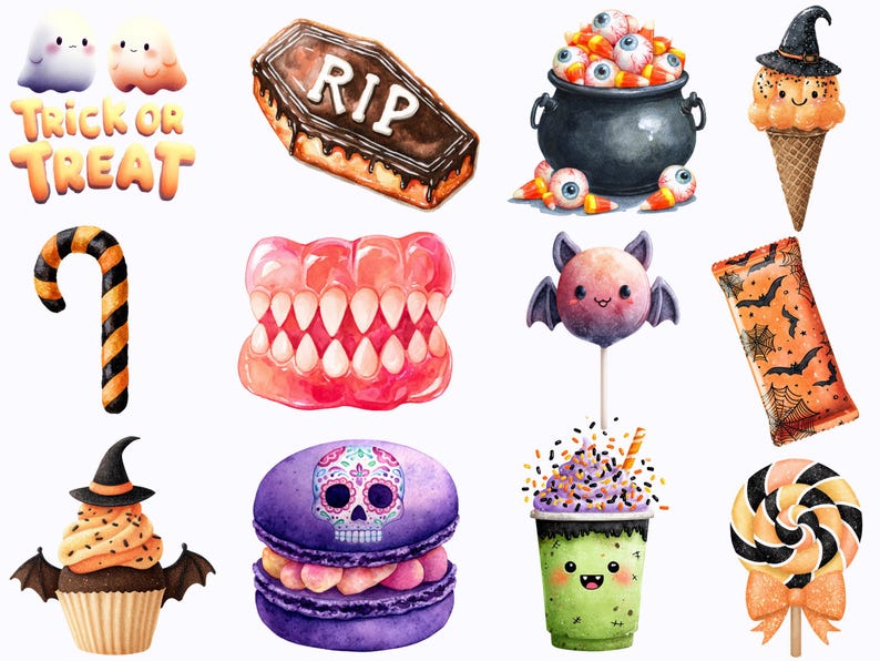 Halloween Treats Clipart Set, Kawaii Spooky Candy PNG for Crafts ...