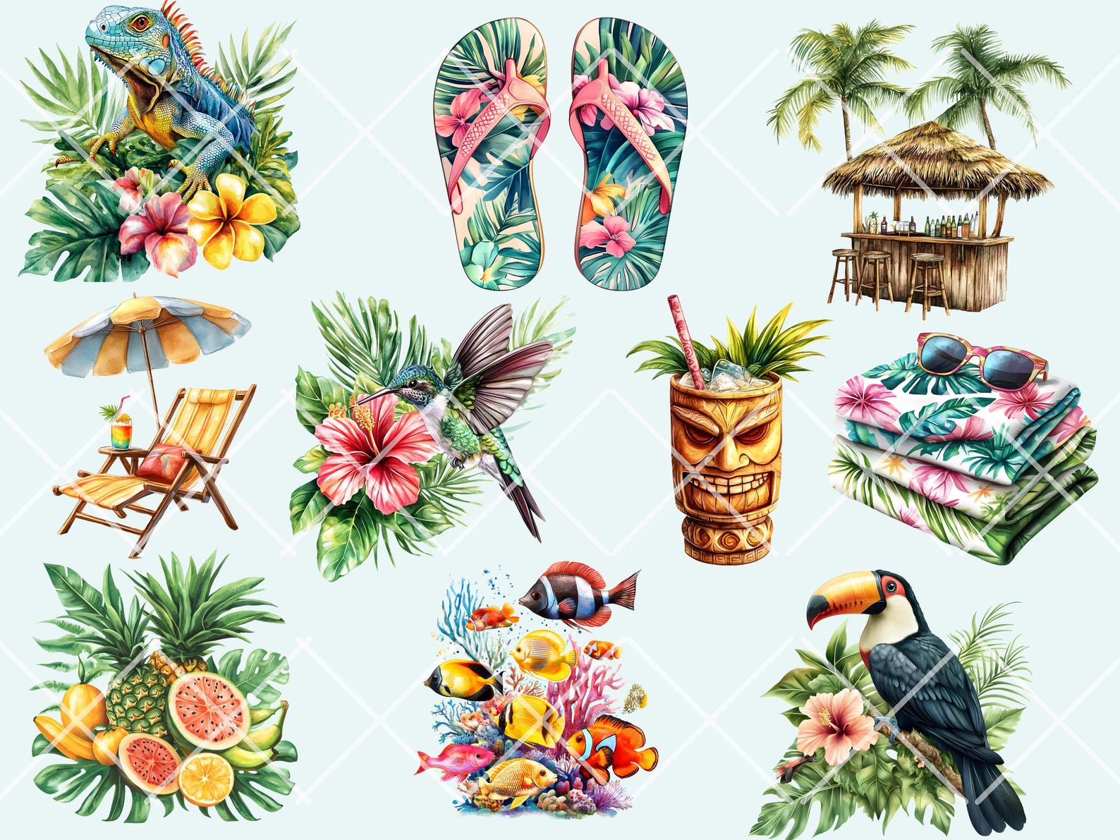 Tropical Paradise Clipart Collection, Watercolor Beach Island 20 PNG ...