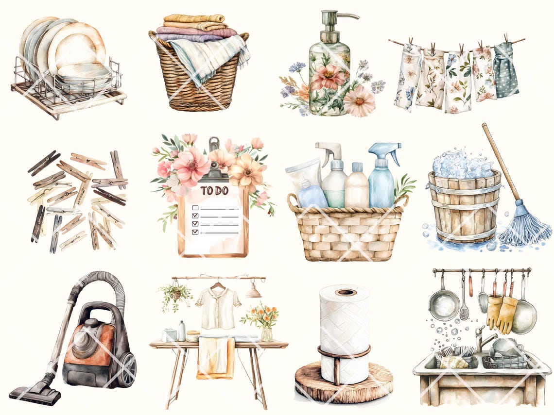 Housekeeping Clip Art Collection, 24 PNG Cleaning, Laundry, Housework ...