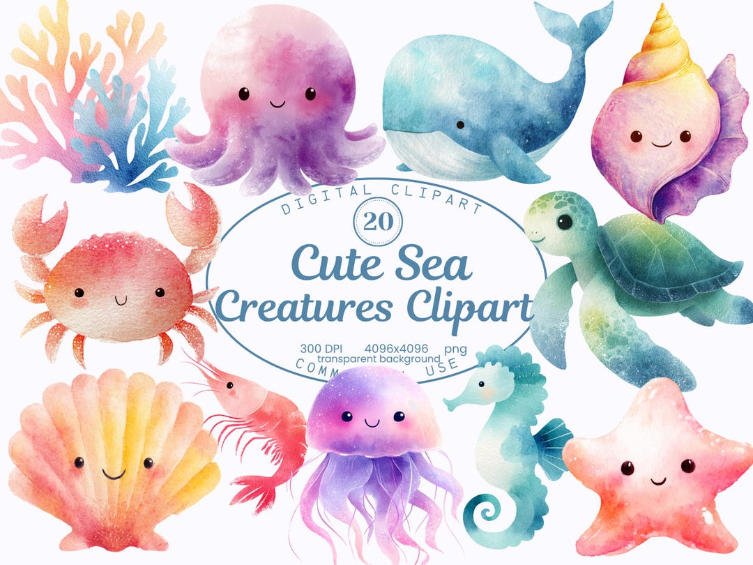 Cute Sea Creatures Clipart, Kawaii Ocean Animals 20 PNG, Pastel ...