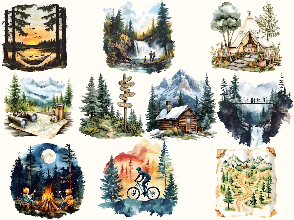 Camping Clipart Collection, Outdoor Adventures Hiking Watercolor ...