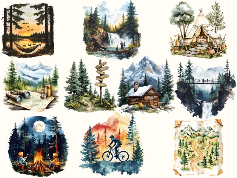 Camping Clipart Collection, Outdoor Adventures Hiking Watercolor ...