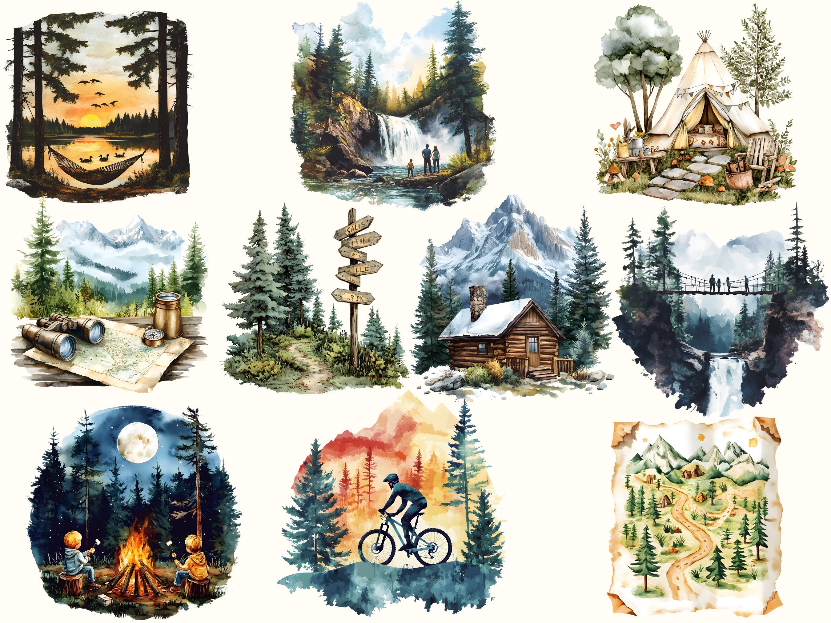 Camping Clipart Collection, Outdoor Adventures Hiking Watercolor ...
