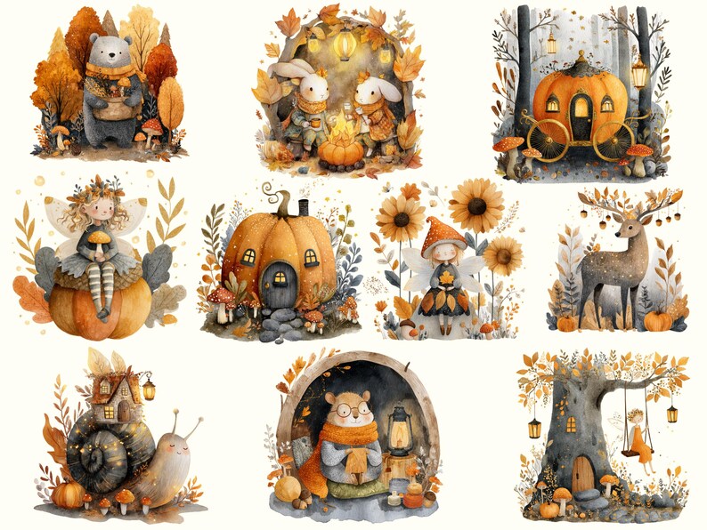 Magical Autumn Forest Clipart Collection, Whimsical Watercolor Fall ...