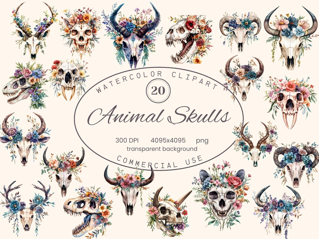 Animal Skull Clip Art With Floral Elements, Boho Rustic Designs 20 PNG ...