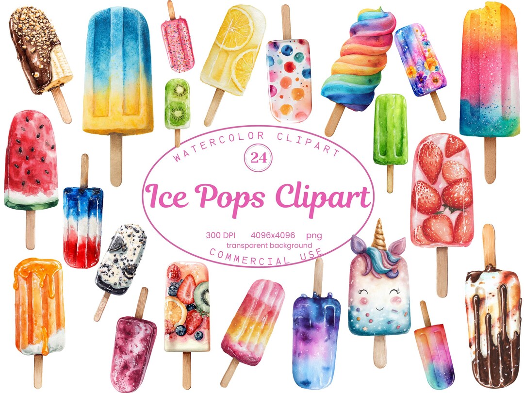 Ice Pops Clipart Collection, Watercolor Frozen Treat 24 PNG ...