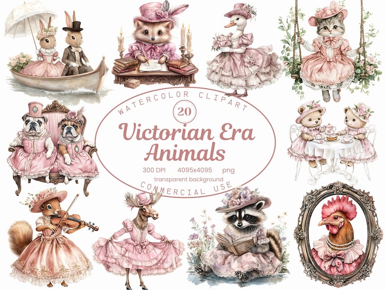 Victorian Era Animals Clipart Collection, Baroque Watercolor 20 PNG ...