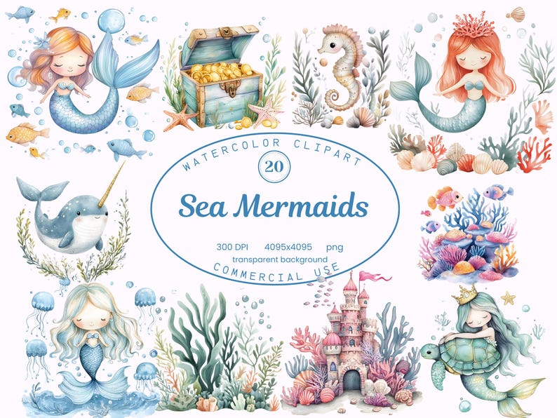 Sea Mermaids Clip Art Collection, Ocean Creatures Watercolor 20 PNG ...