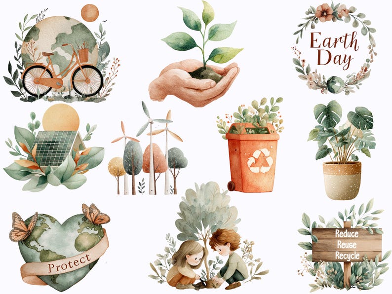 Earth Day Clipart Set, Eco Friendly Illustration Bundle, Watercolor ...