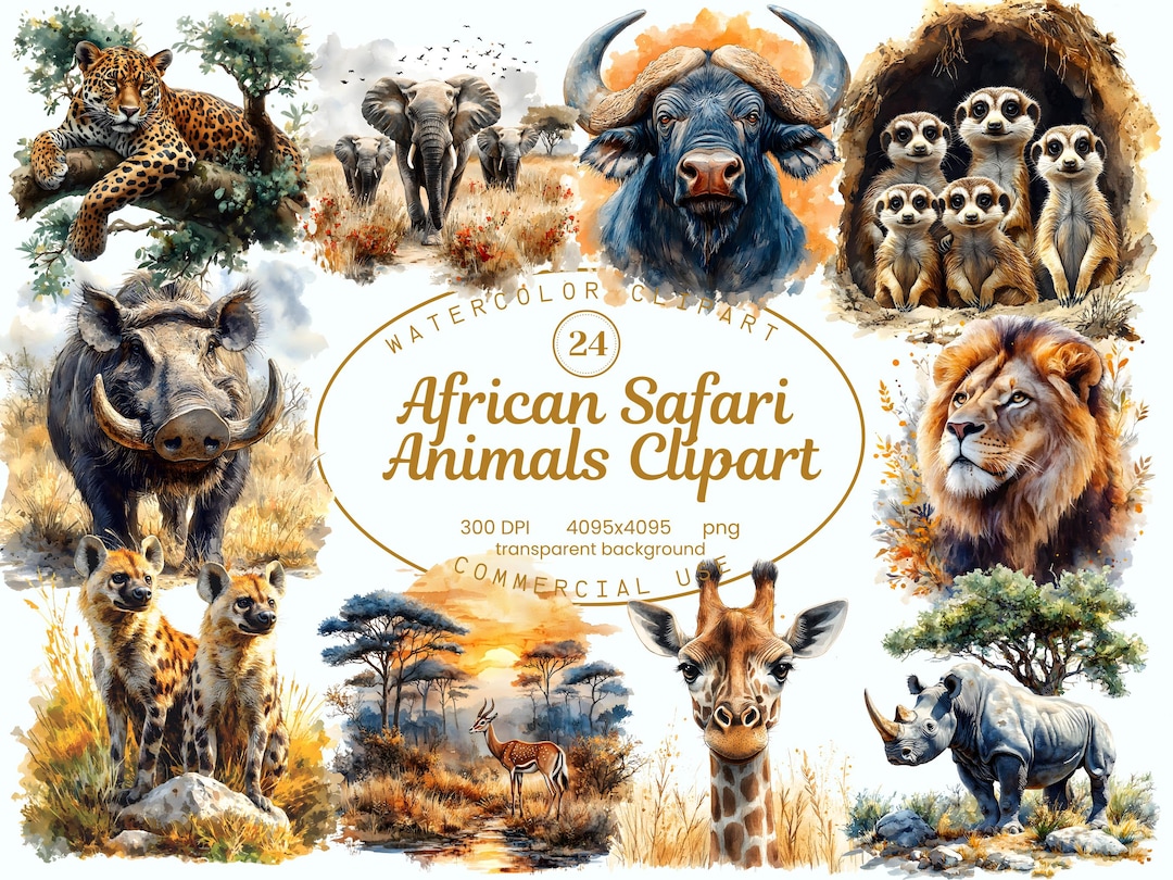 African Safari Animals Clipart Collection, Watercolor Jungle Wildlife ...