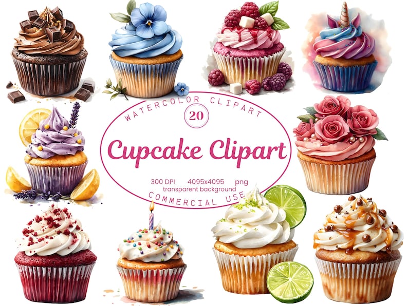 Cupcake Clipart Collection, Sweet Treats 20 PNG Birthday Illustrations ...