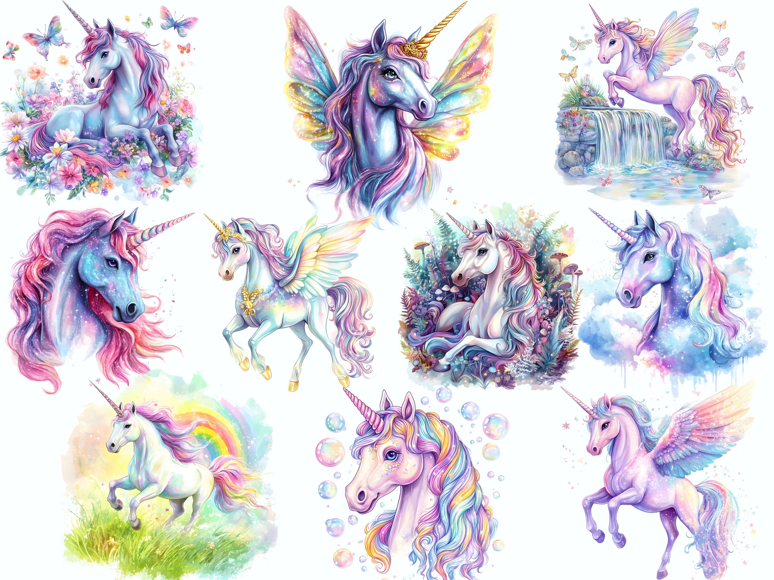 Unicorn Clip Art Collection, Magical Forest Pastel Unicorns Watercolor ...