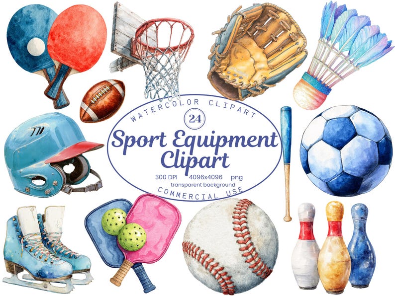 Sport Equipment Clipart Collection, 24 PNG Watercolor Athletic Gear ...