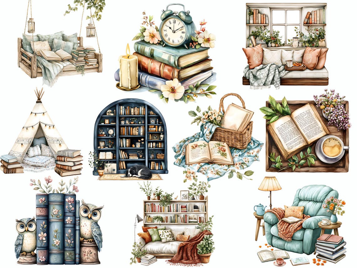Cozy Bookish Clipart Collection, Reading Nook Watercolor 20 PNG ...