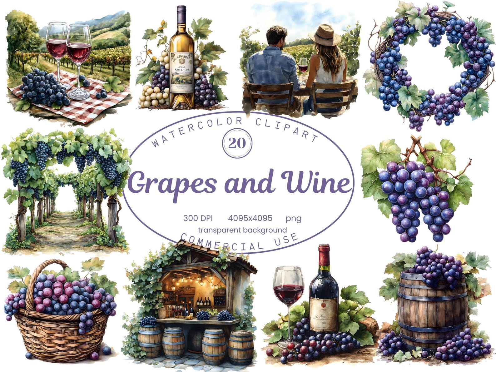 Grapes and Wine Clipart Collection, Vineyards Watercolor Graphics 20 ...