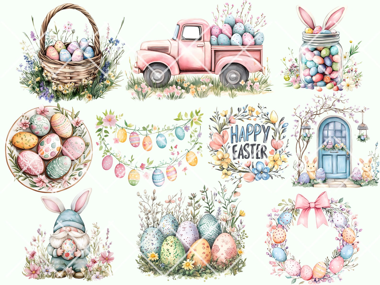 Eggs and Ears Easter Clip Art Collection, Easter Watercolor Holiday 20 ...
