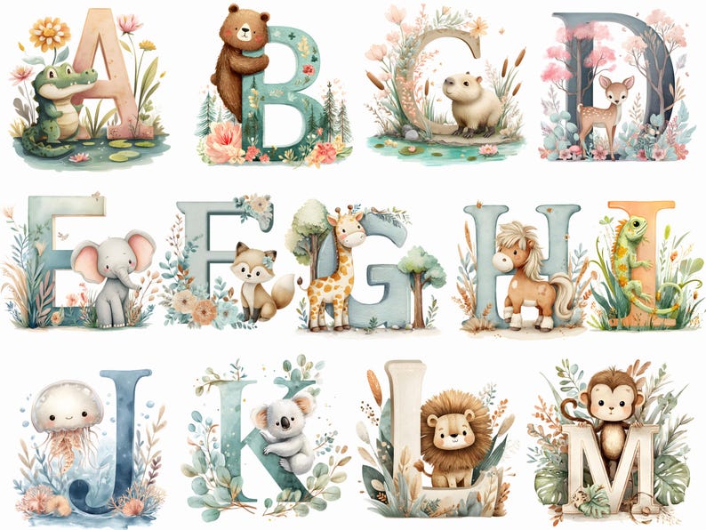 Animal Alphabet Clipart Collection, Watercolor ABC 26 PNG Illustrations ...