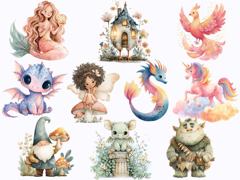 Mythical Creatures Clipart Collection, Whimsical Watercolor Fantasy 20 ...