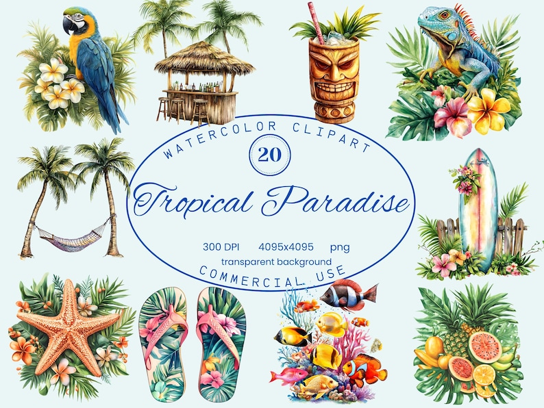 Tropical Paradise Clipart Collection, Watercolor Beach Island 20 PNG ...