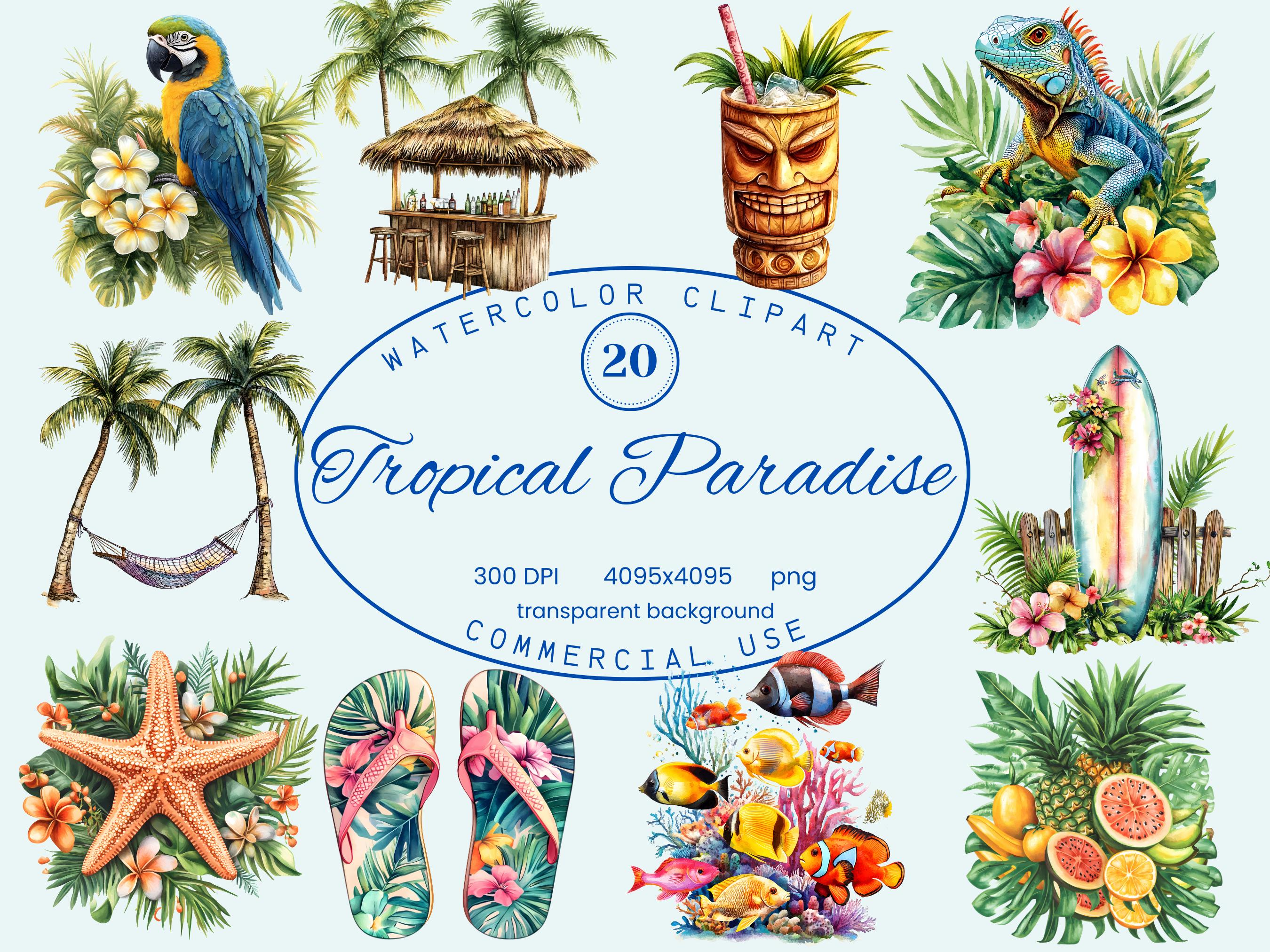 Tropical Paradise Clipart Collection, Watercolor Beach Island 20 PNG ...
