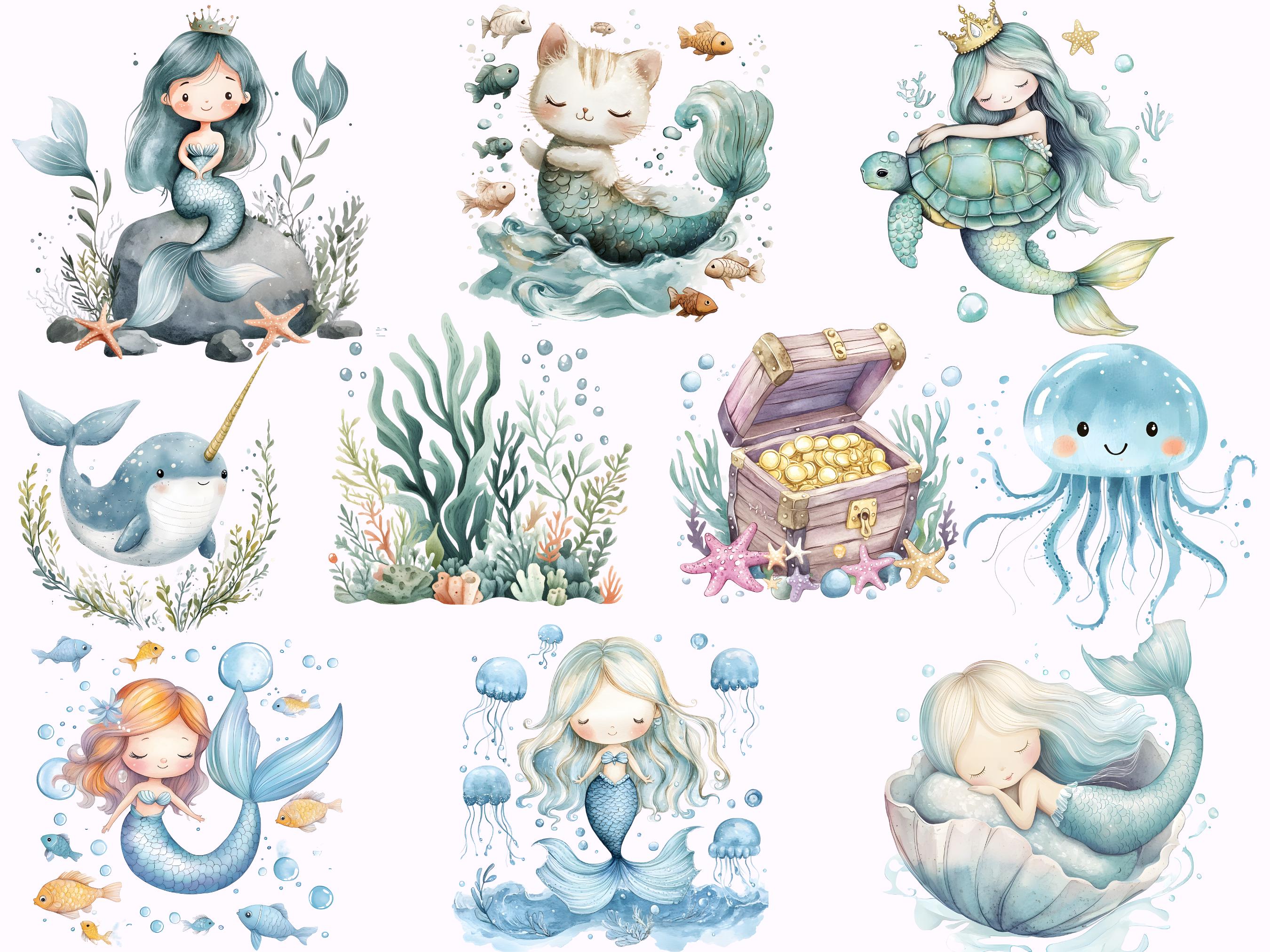 Sea Mermaids Clip Art Collection, Ocean Creatures Watercolor 20 PNG ...