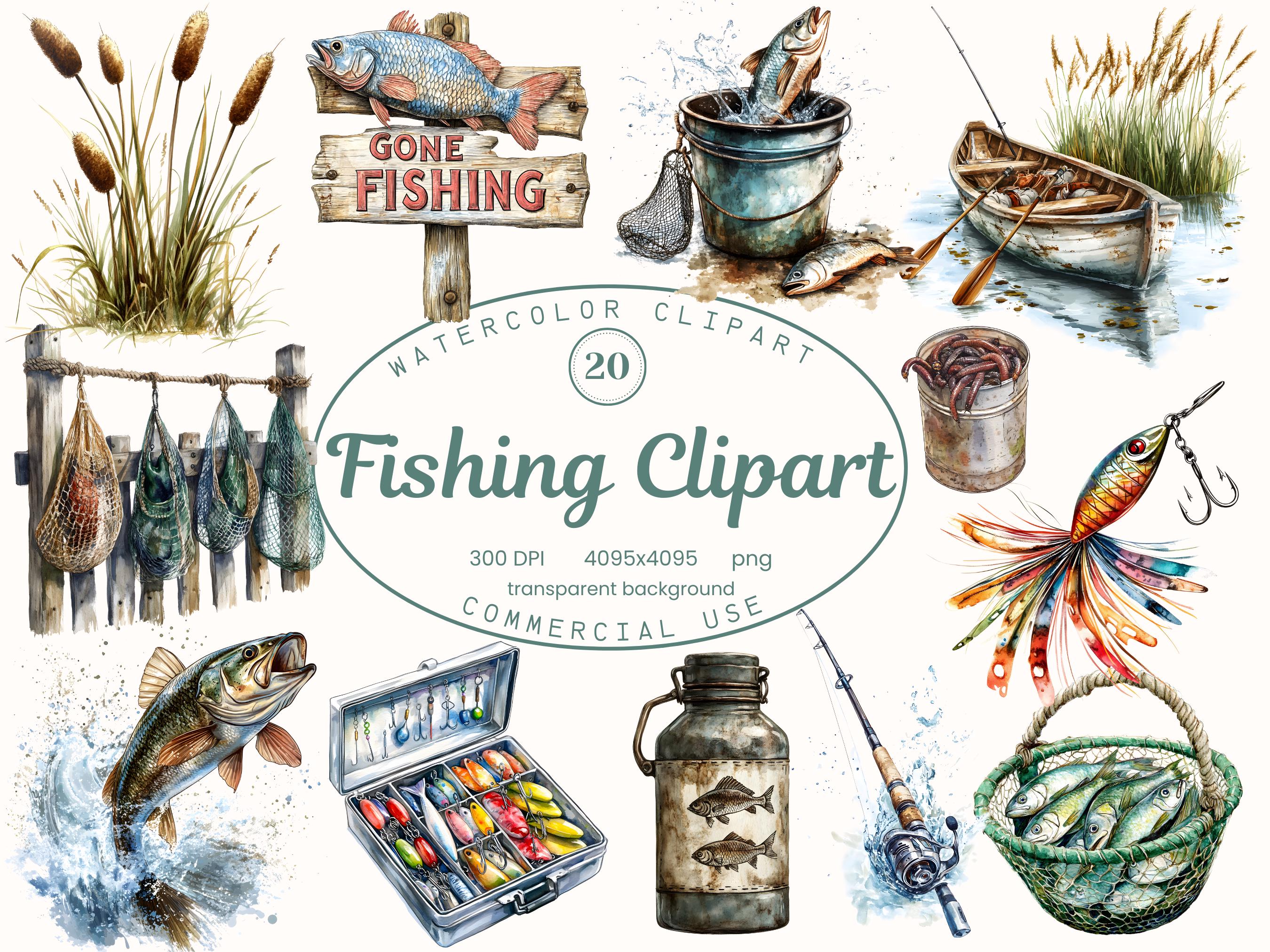 Fishing Clip Art Collection, Rustic Fisherman Life 20 PNG Illustrations ...
