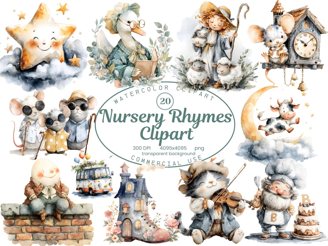 Nursery Rhymes Clipart Collection, Watercolor Storybook Illustrations ...