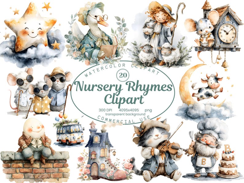 Nursery Rhymes Clipart Collection, Watercolor Storybook Illustrations ...