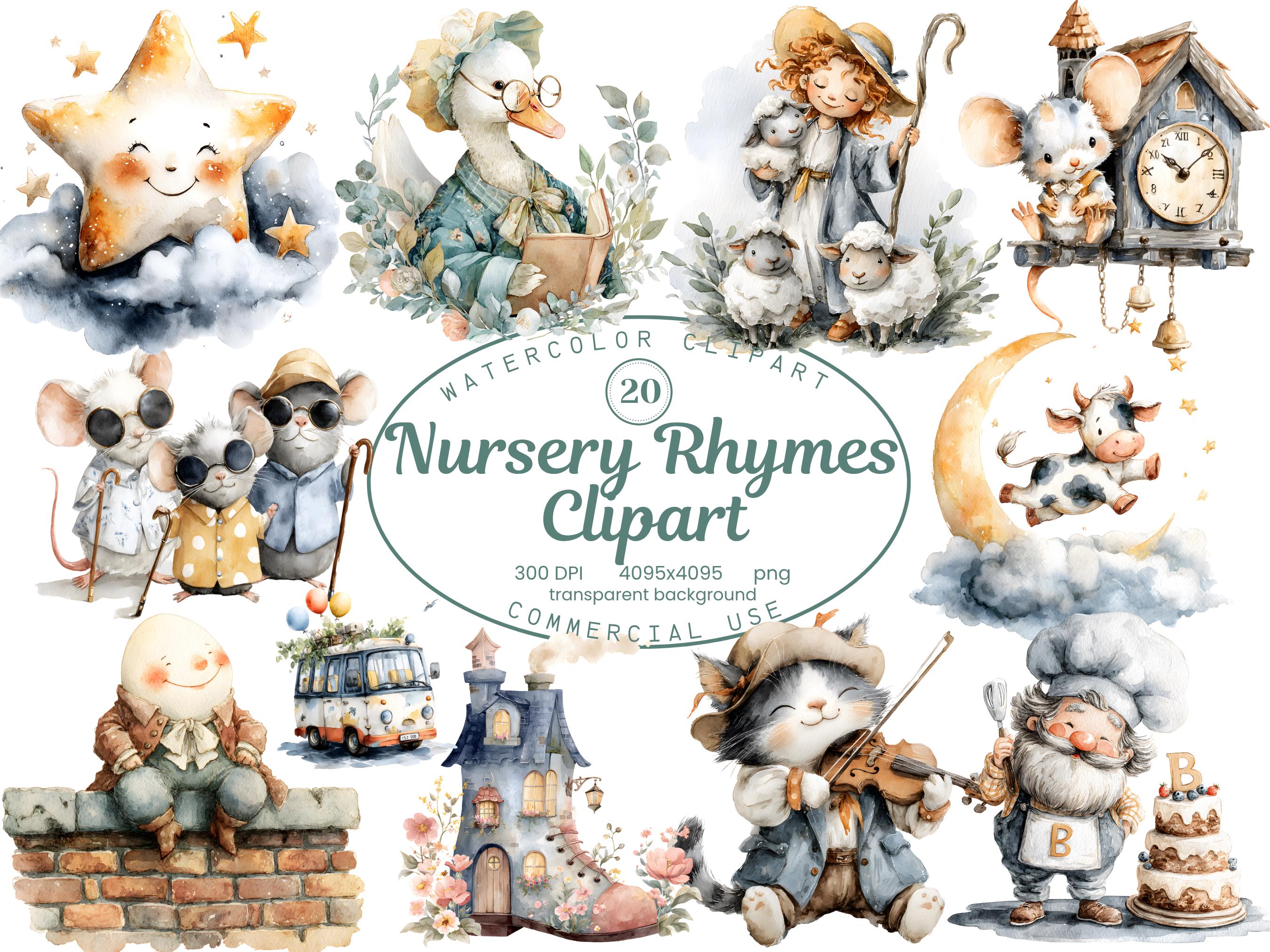 Nursery Rhymes Clipart Collection, Watercolor Storybook Illustrations ...