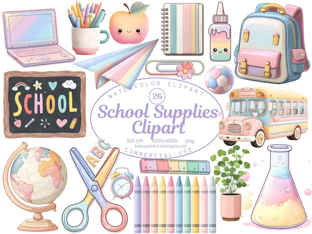 School Supplies Clipart Collection, Watercolor Stationery 26 PNG ...
