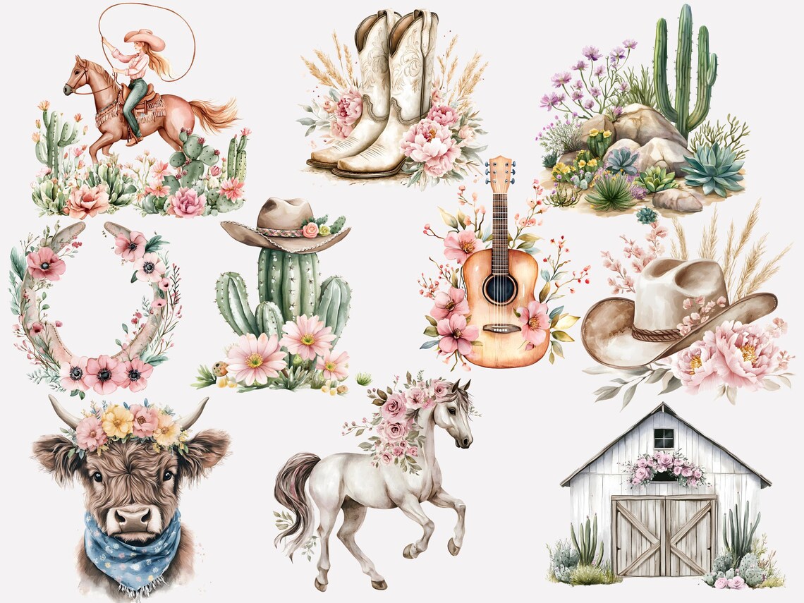 Boho Cowgirl Clipart Collection, Pastel Wild West Watercolor Clipart ...