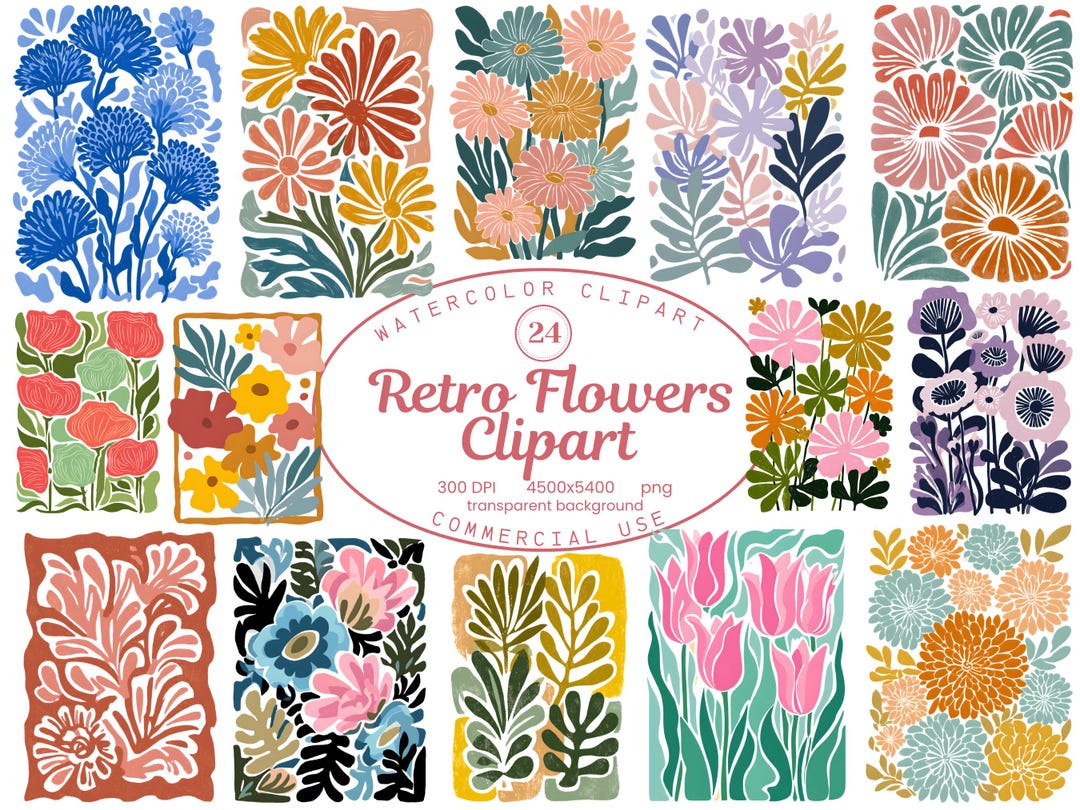Retro Flowers Clipart Collection, Colorful Abstract Boho 24 PNG, Floral ...