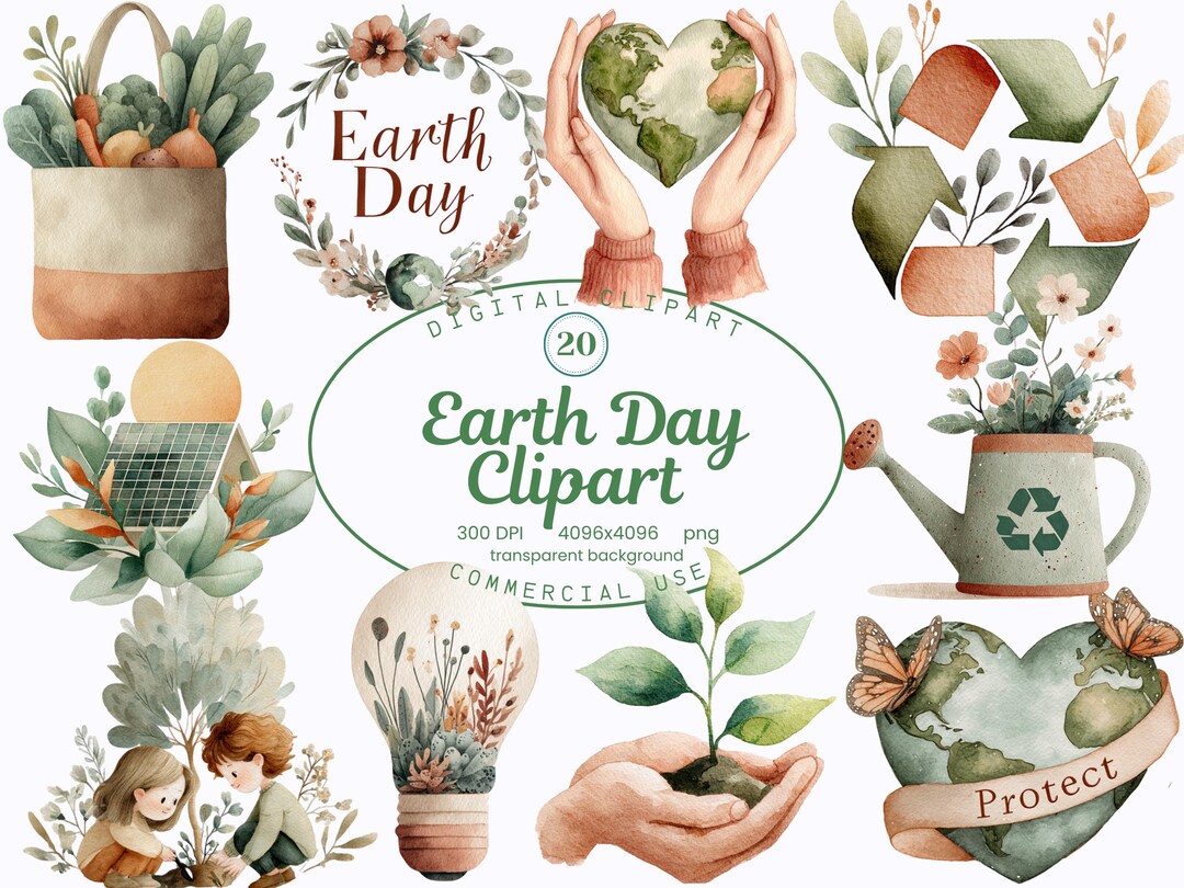 Earth Day Clipart Set, Eco Friendly Illustration Bundle, Watercolor ...