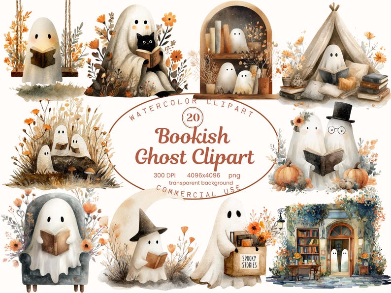 Bookish Ghost Clipart Collection, Watercolor Reading Ghouls, Halloween ...