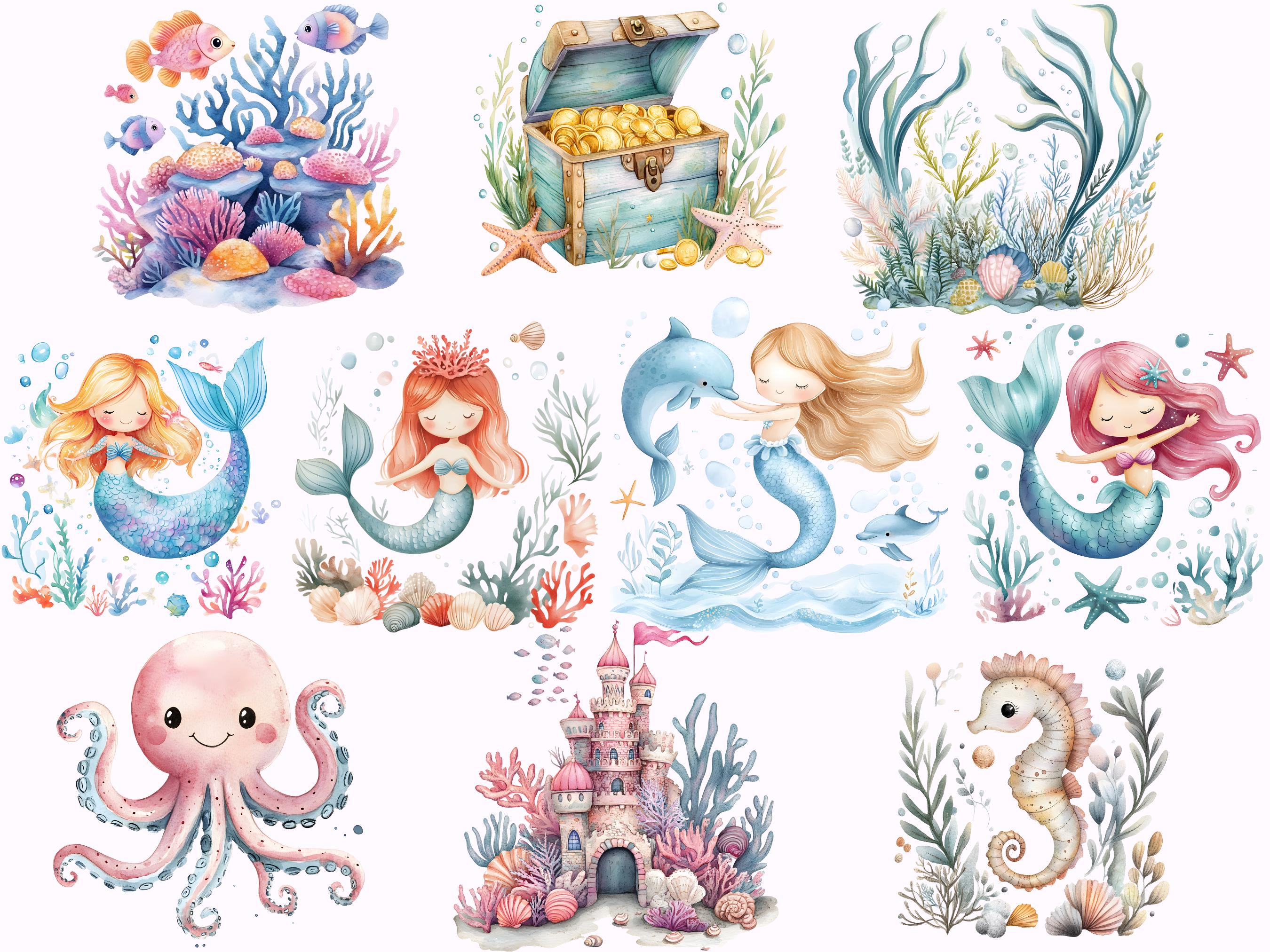 Sea Mermaids Clip Art Collection, Ocean Creatures Watercolor 20 PNG ...