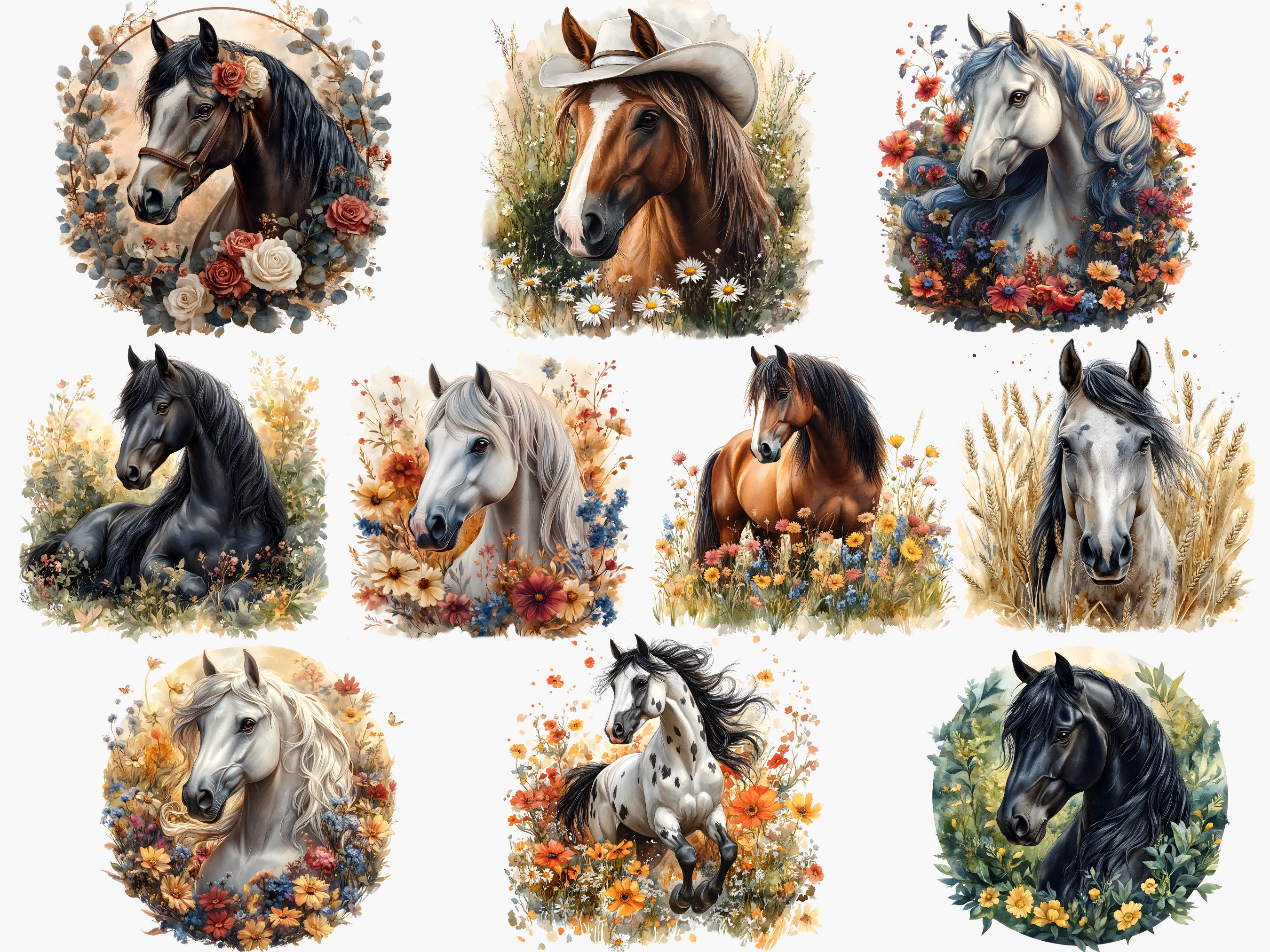 Horses Clip Art Collection, Rustic Watercolor Floral Horses 20 PNG ...