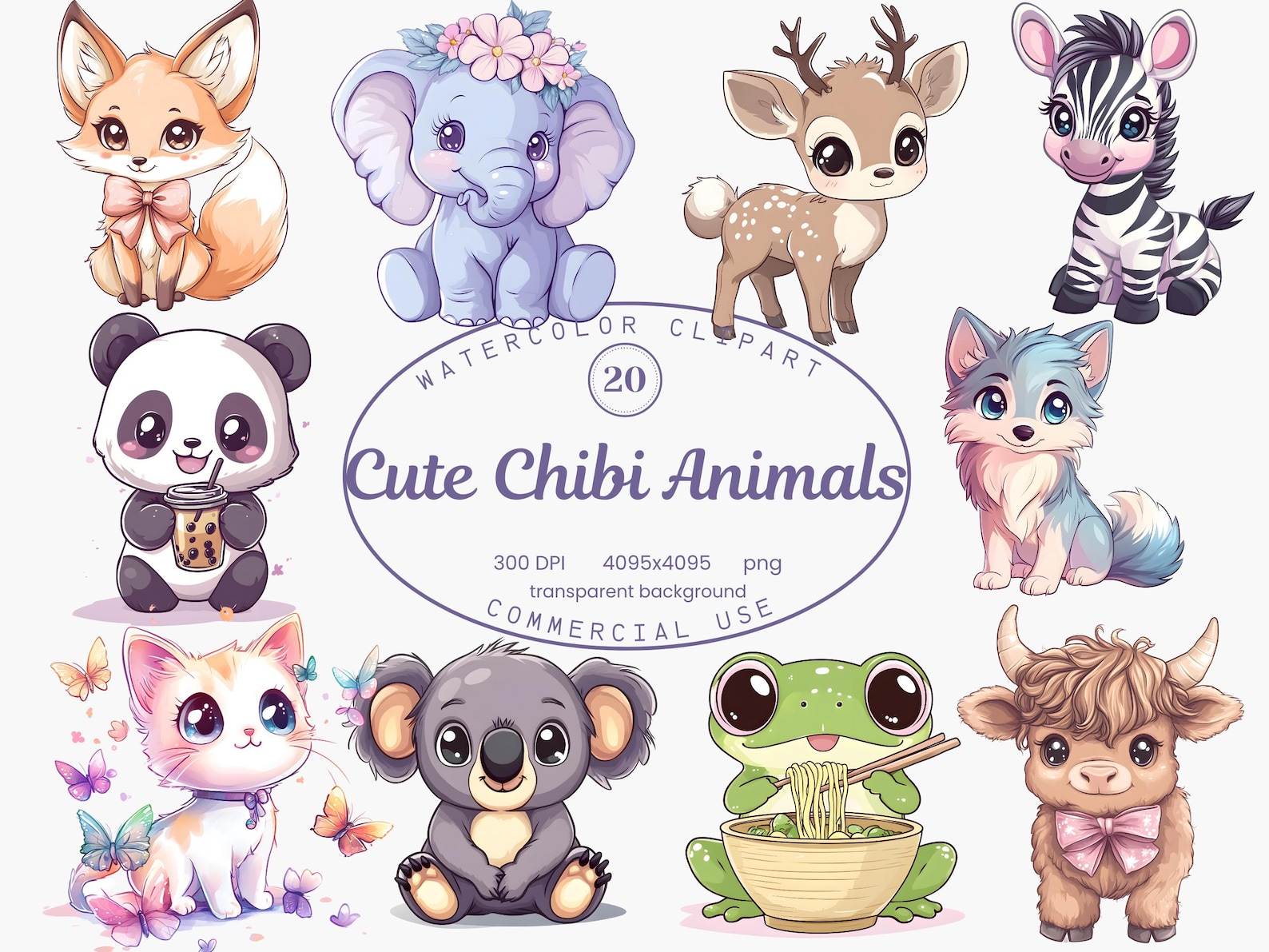 Chibi Animals Clip Art Collection, Cute Pastel Cartoon Animals Decor 20 ...