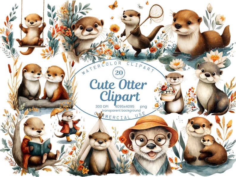 Cute Otter Clipart Collection, Adorable Animals 20 PNG Illustrations ...