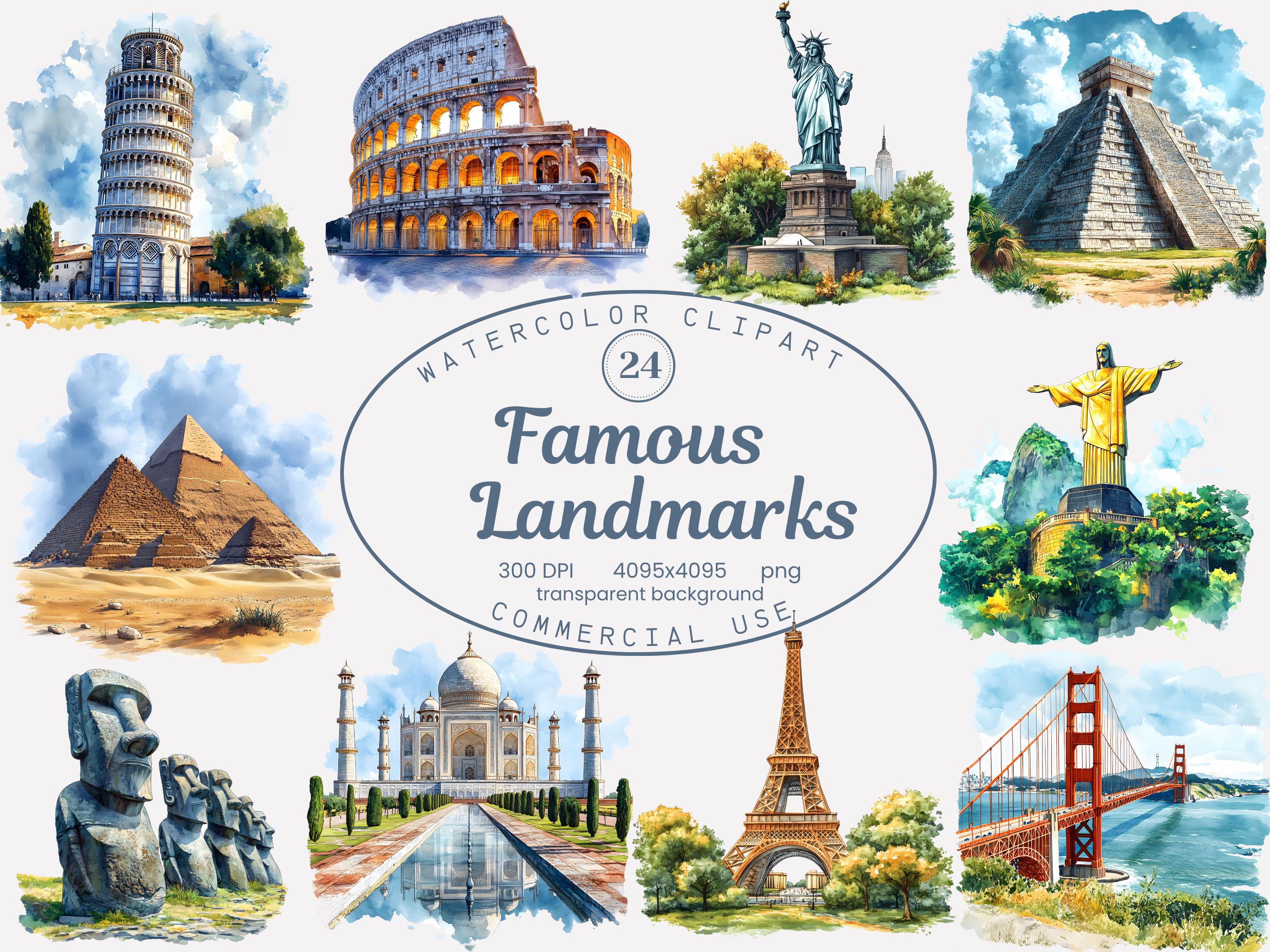 Famous Landmark Clipart Collection, Travel Watercolor 24 PNG ...